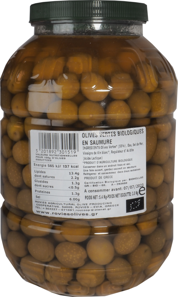 Olives vertes entières, en saumure, bio, 3kg égoutté | SALDAC Suisse sarl